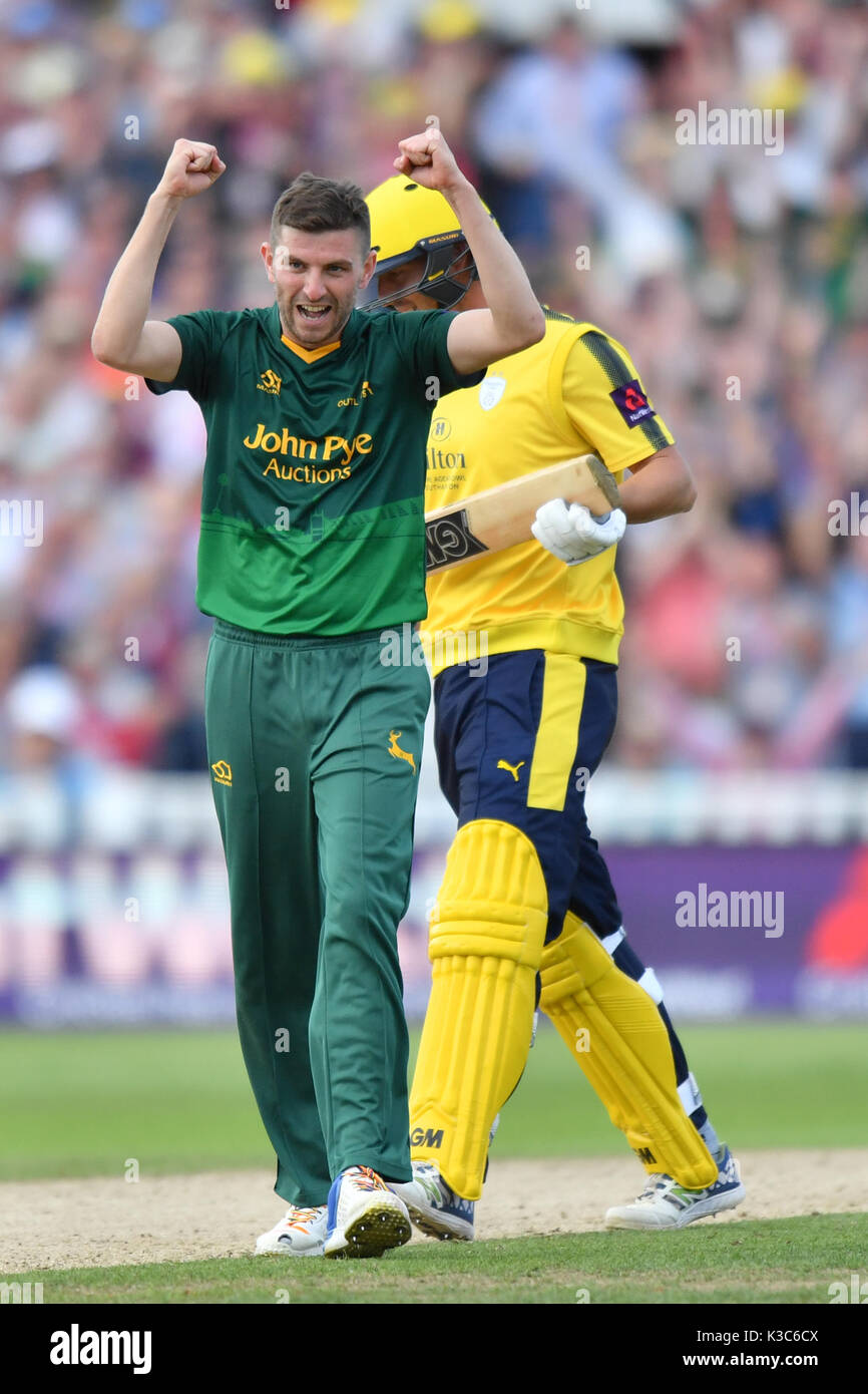 Nottinghams harry gurney celebrates taking wicket hampshires kyle ...