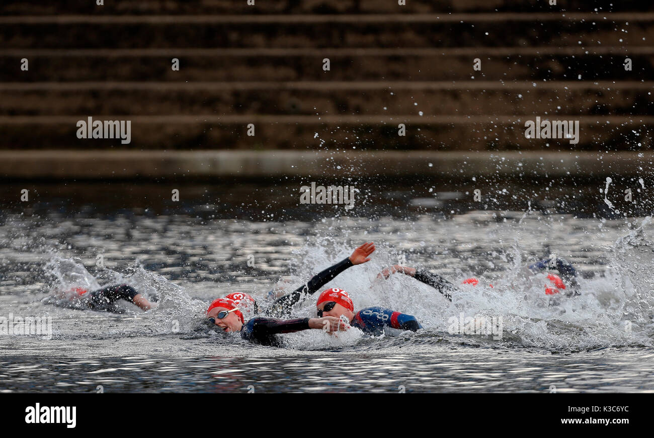 Female swimmers in action during the British Triathlon Mixed Relay Cup ...