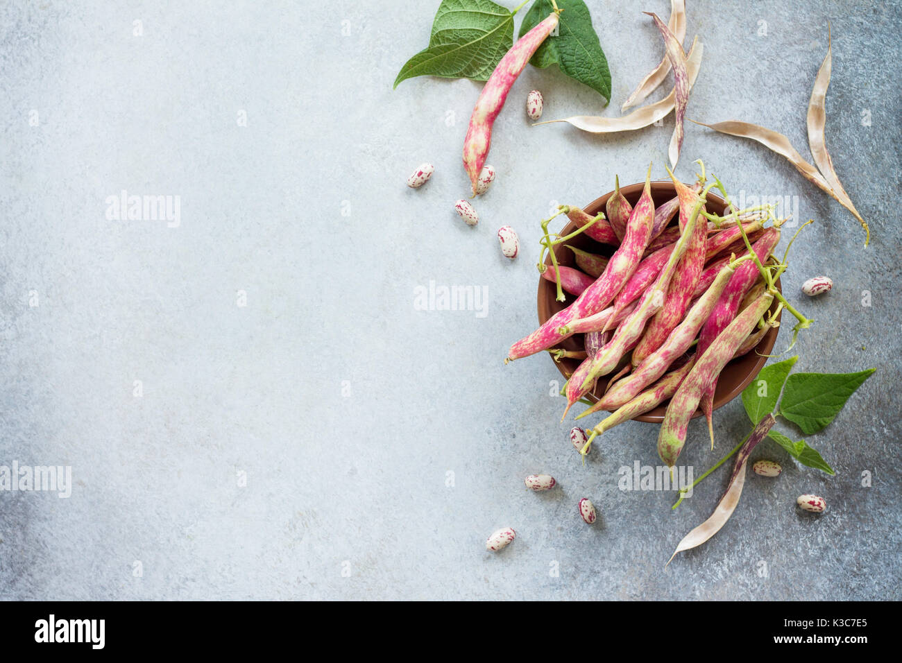 A pod of green beans and beans. Red beans on a gray slate or stone ...