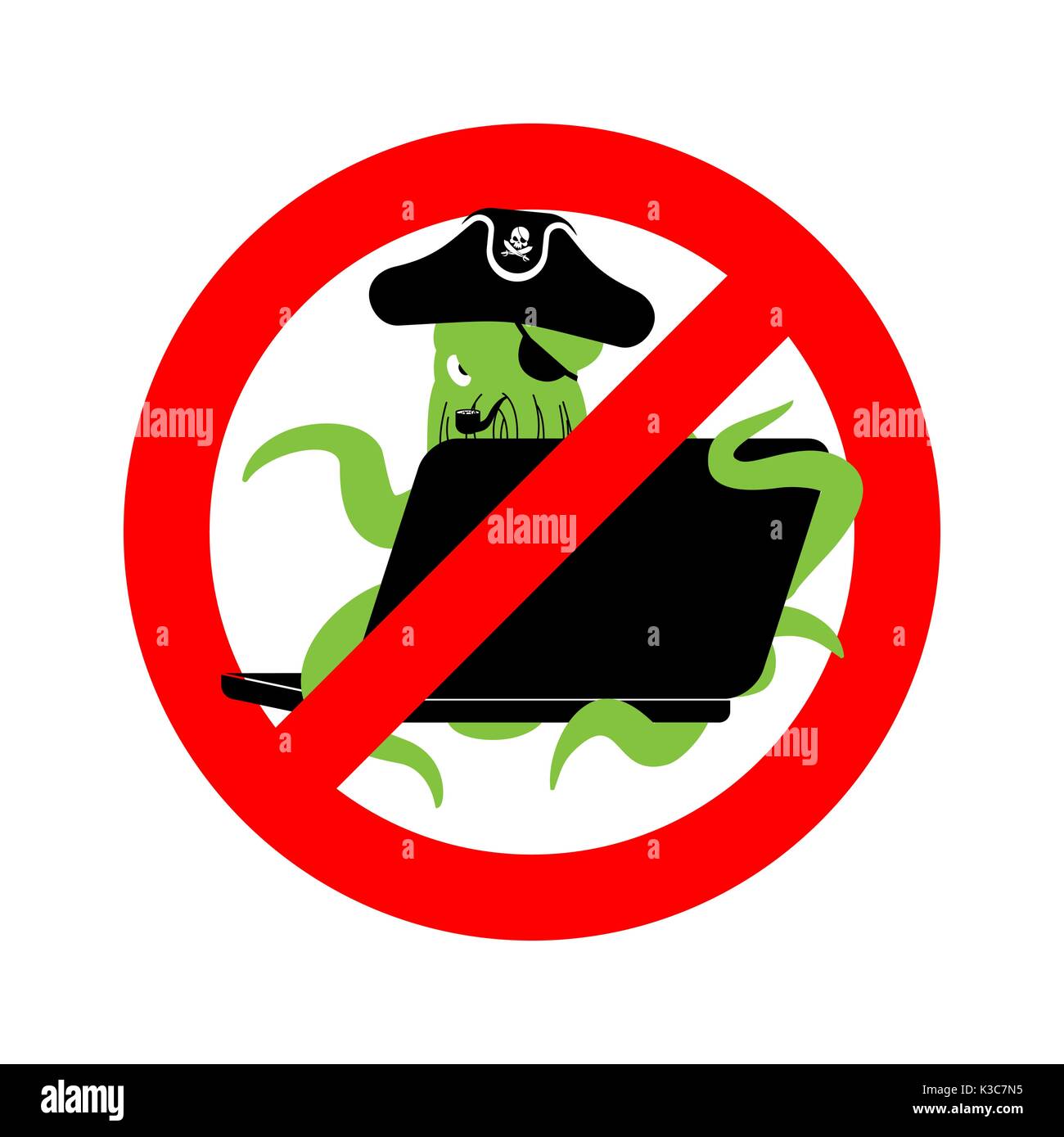 Stop Web pirate Octopus and laptop. Ban sign poulpe internet hacker and ...