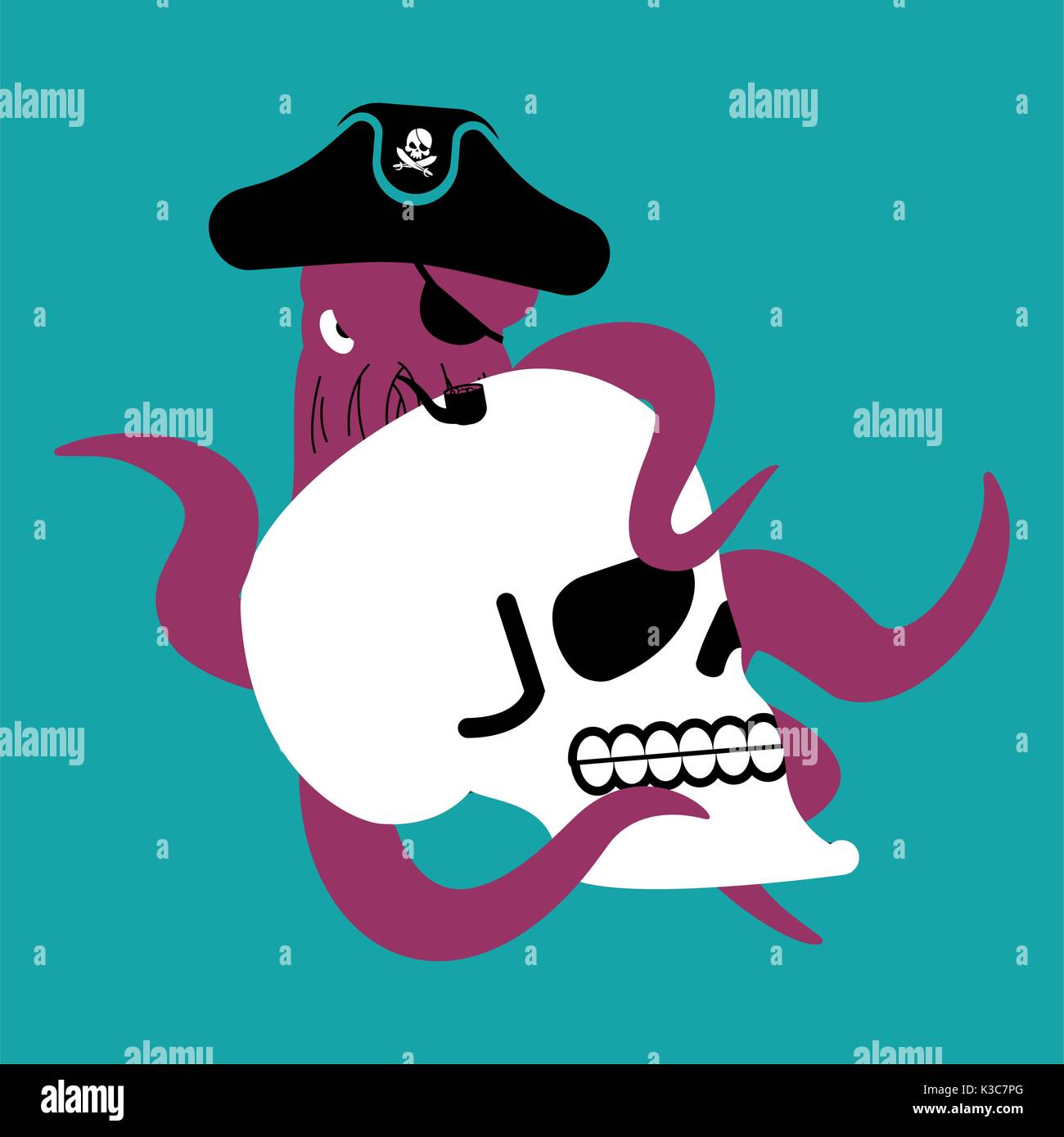 Octopus pirate and skull. poulpe buccaneer and skeleton head. Eye patch ...