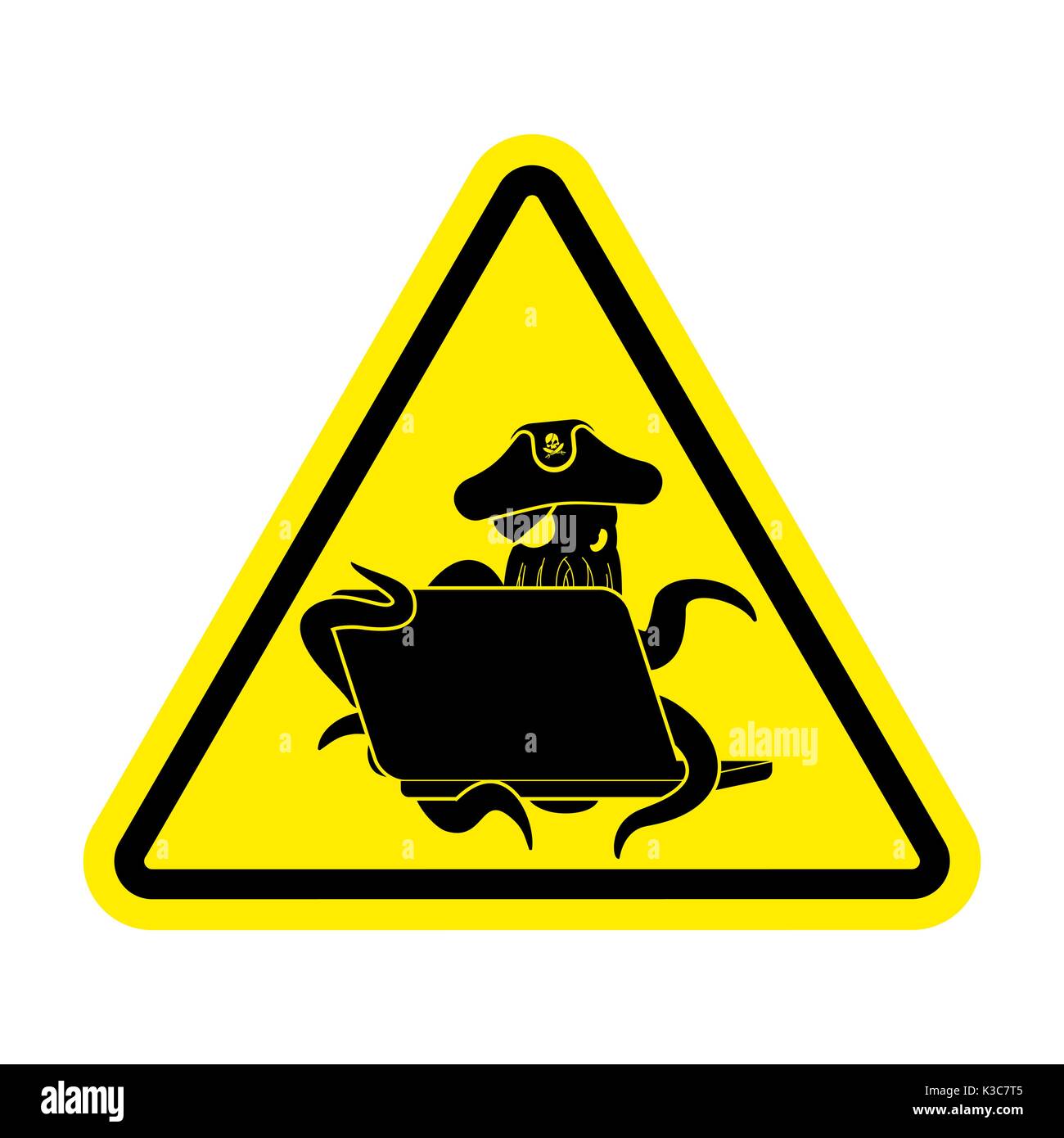 Attention Web pirate Octopus and laptop. Caution sign poulpe internet ...
