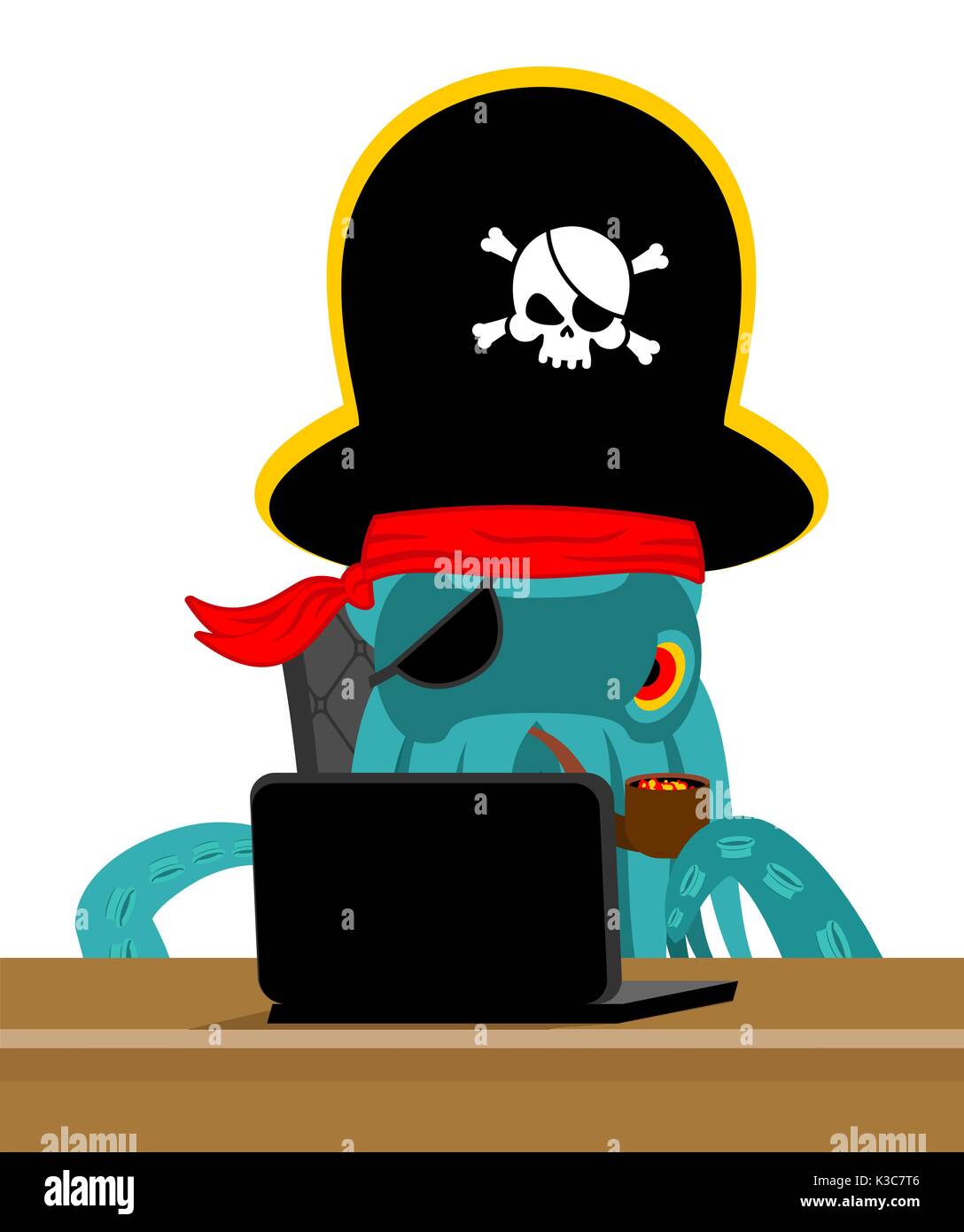 Web pirate Octopus and laptop. poulpe internet hacker and PC. devilfish ...