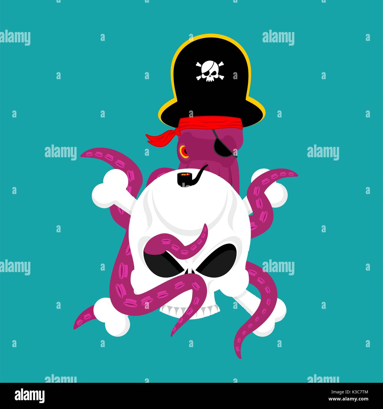 Octopus pirate and skull. poulpe buccaneer and skeleton head. Eye patch ...