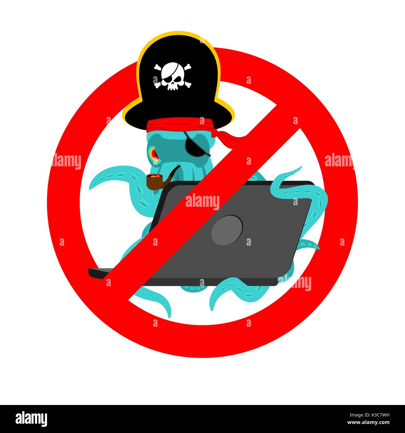 Stop Web pirate Octopus and laptop. Ban sign poulpe internet hacker and ...