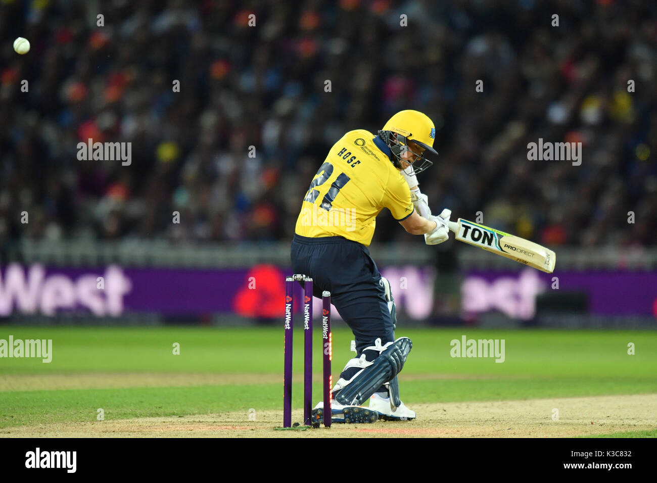 Birmingham's Adam Hose is bowled out by Nottinghamshire's Harry Gurney ...