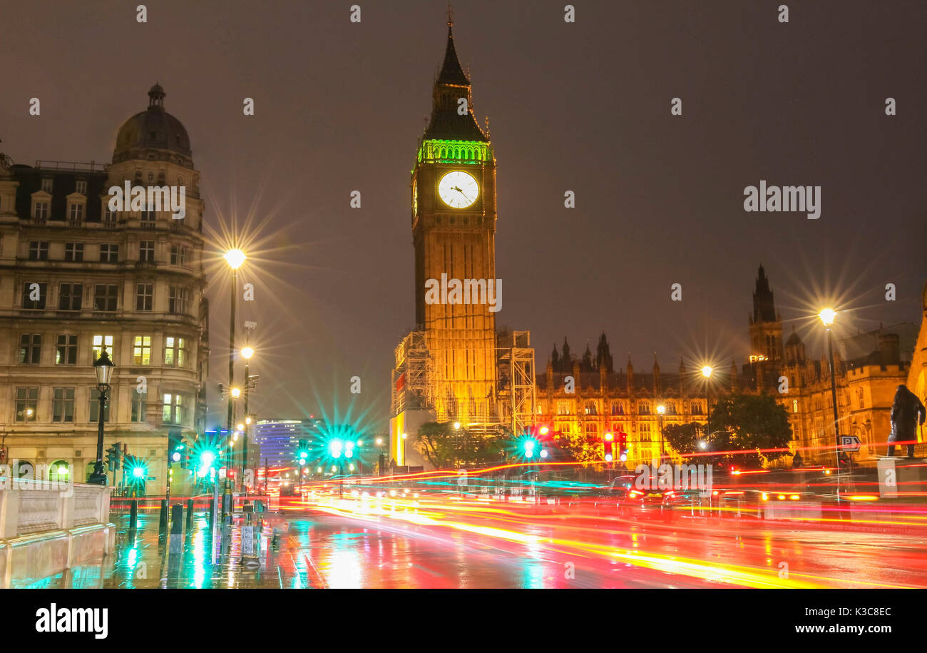 The Big Ben tower at rainy night, London, United Kingdom Stock Photo ...