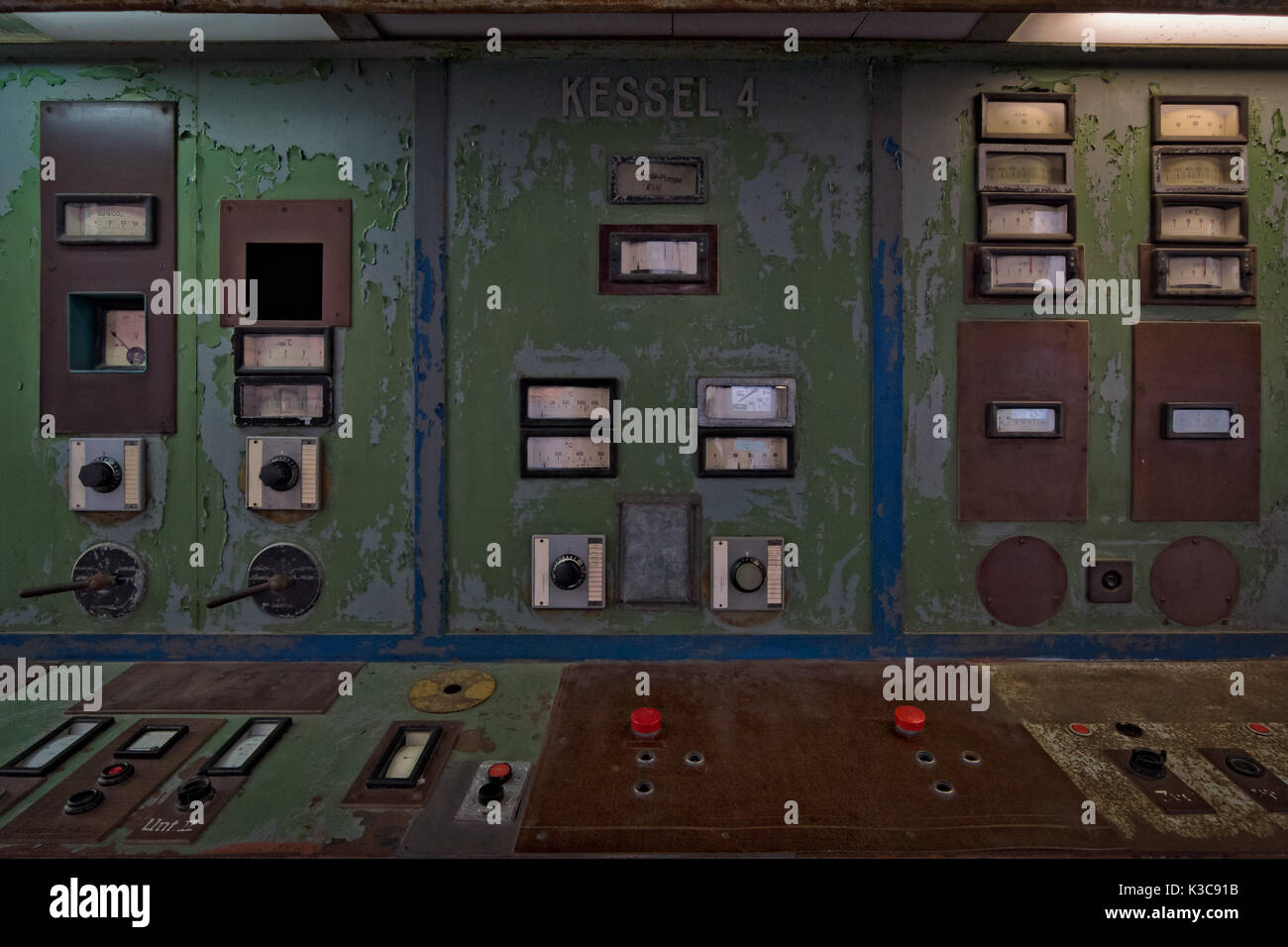 Control panel in the abandoned rocket production workshops. Peenemuende ...