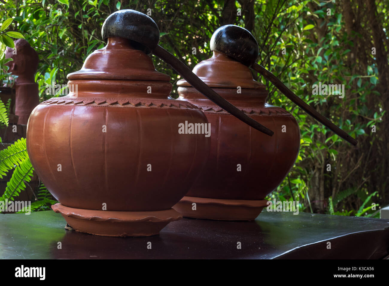 Closed up Thai traditional earthenware for drinking water with dipper ...