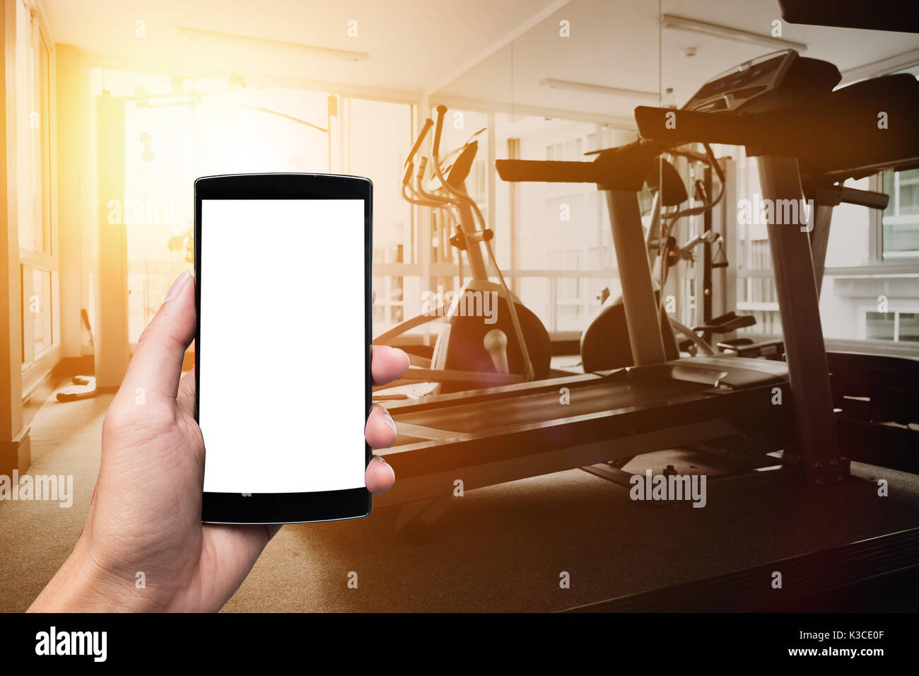 A man hand holding empty screen of smart phone device in Gym Stock ...