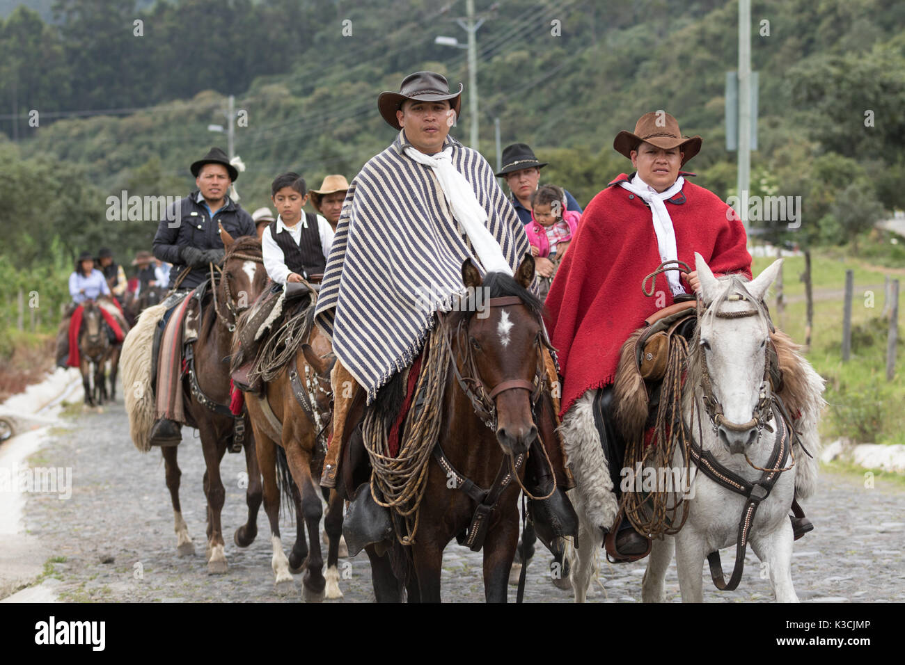 May 27, 2017 Sangolqui, Ecuador: cowboys in traditional wear riding ...
