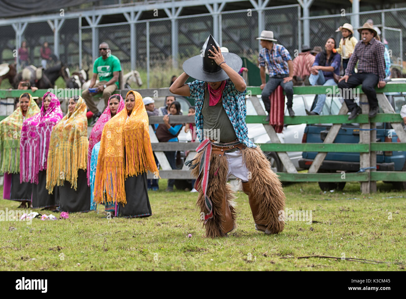 May 27, 2017 Sangolqui, Ecuador: indigenous dancer wearing furry chaps ...