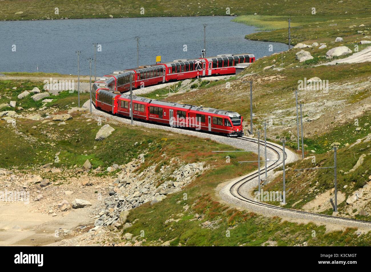 Famous red alpine train Bernina Express from St.Moritz to Tirano ...