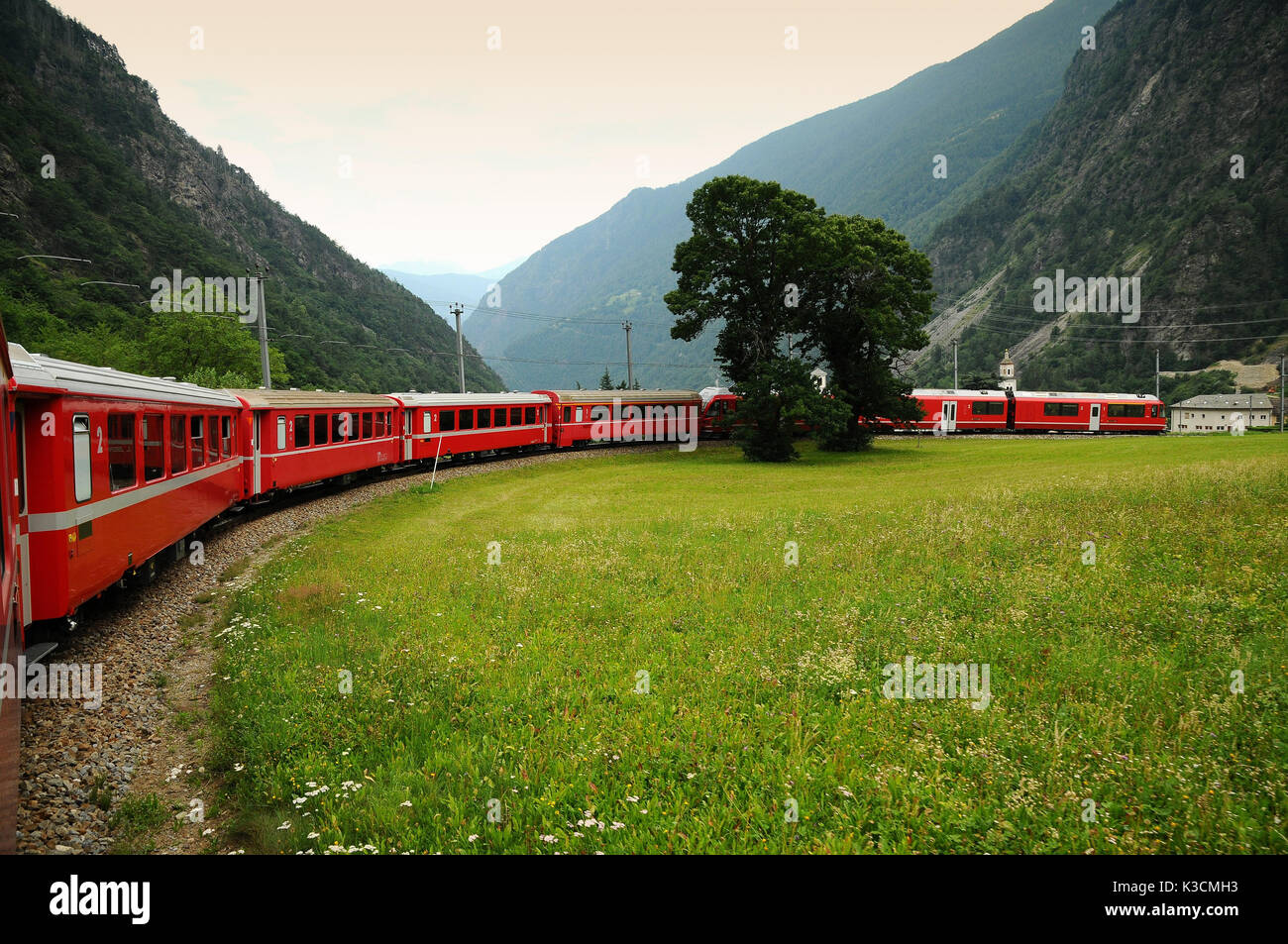 Switzerland: July 2012, Swiss Red Train Bernina Express pass on Brusio ...