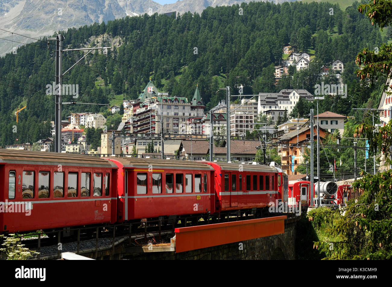 Switzerland:July 2012, Famous red alpine train Bernina Express arrive ...