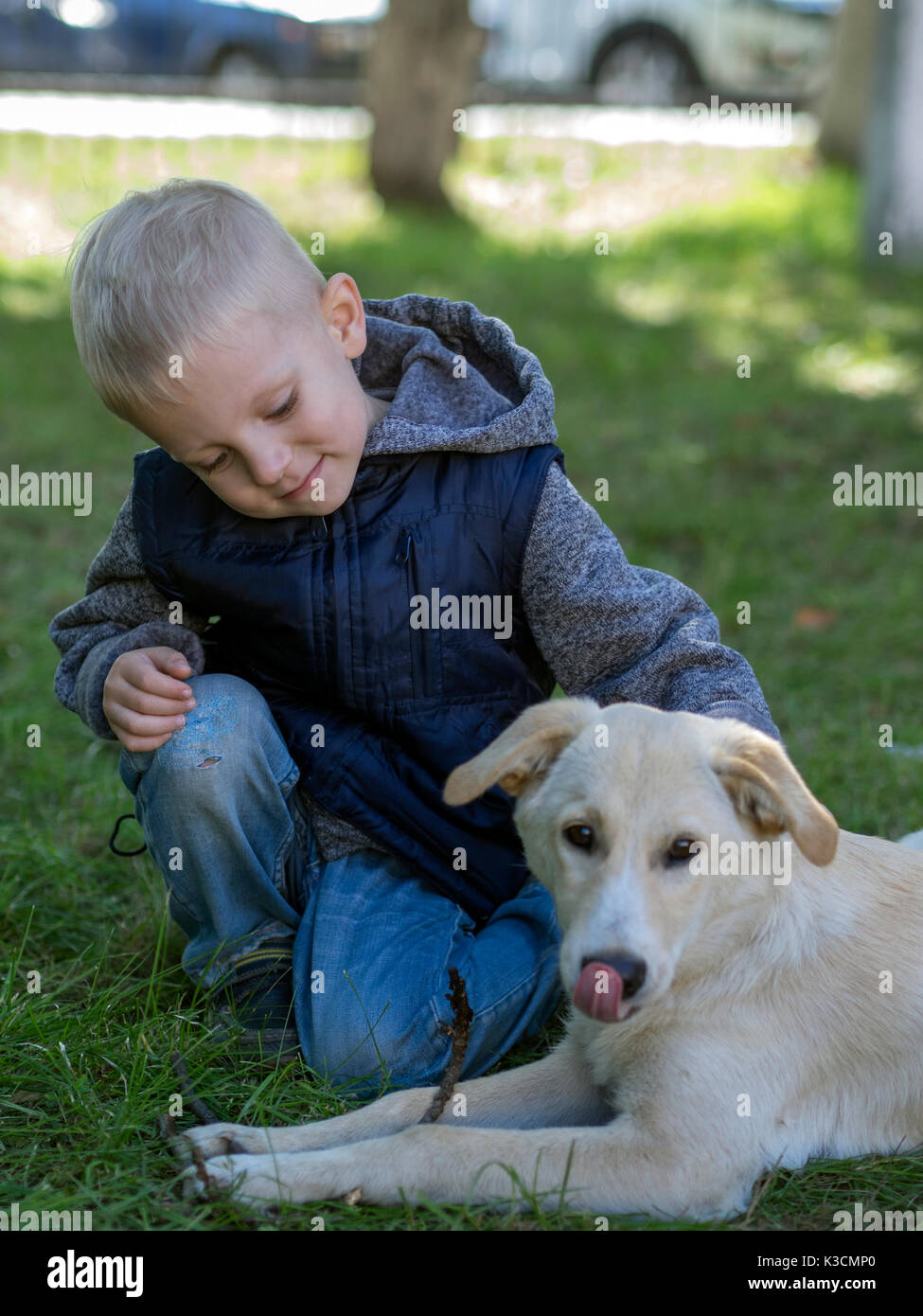 little caucasian boy with dog Stock Photo - Alamy