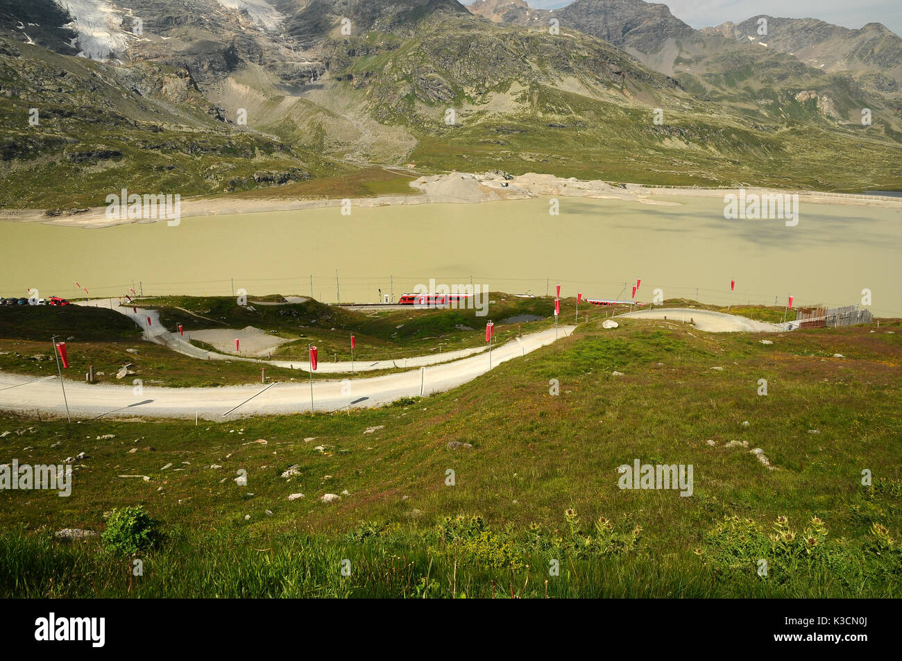 Famous red alpine train Bernina Express from St.Moritz to Tirano ...