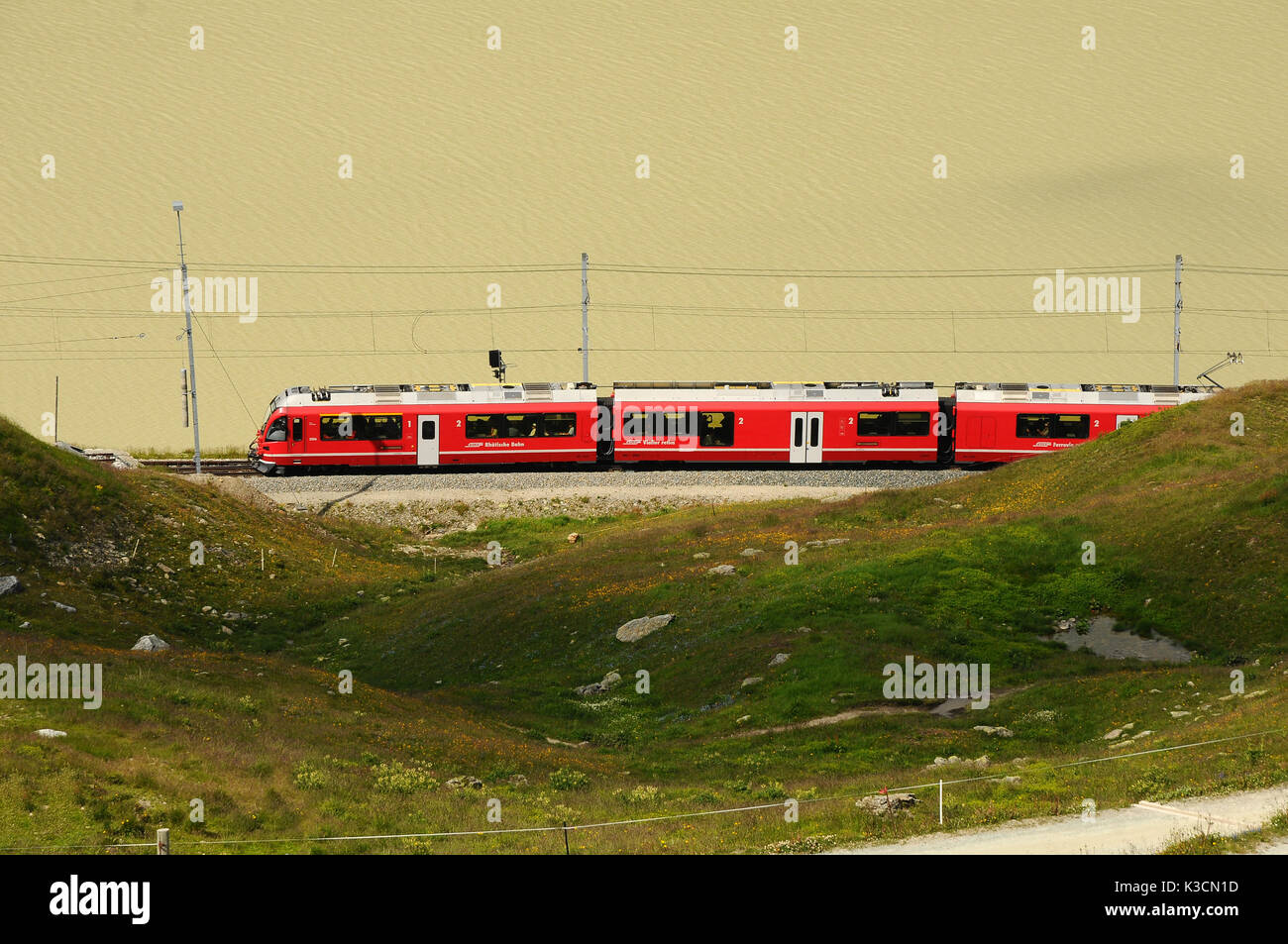 Famous red alpine train Bernina Express from St.Moritz to Tirano ...