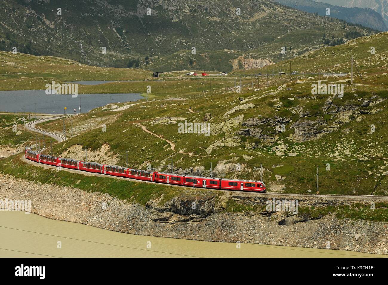 Famous red alpine train Bernina Express from St.Moritz to Tirano ...