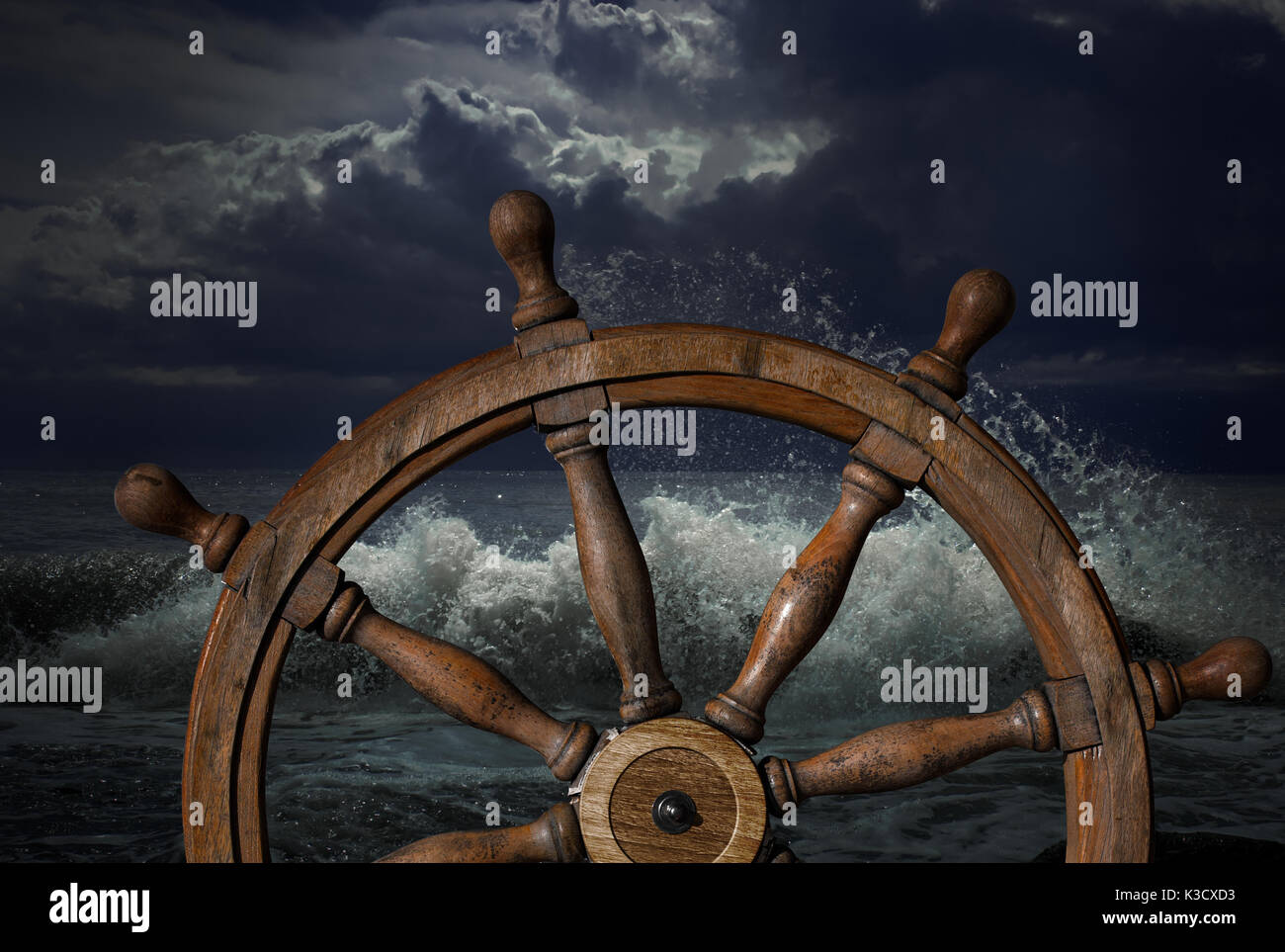 Steering wheel and storm waves 3d illustration Stock Photo - Alamy