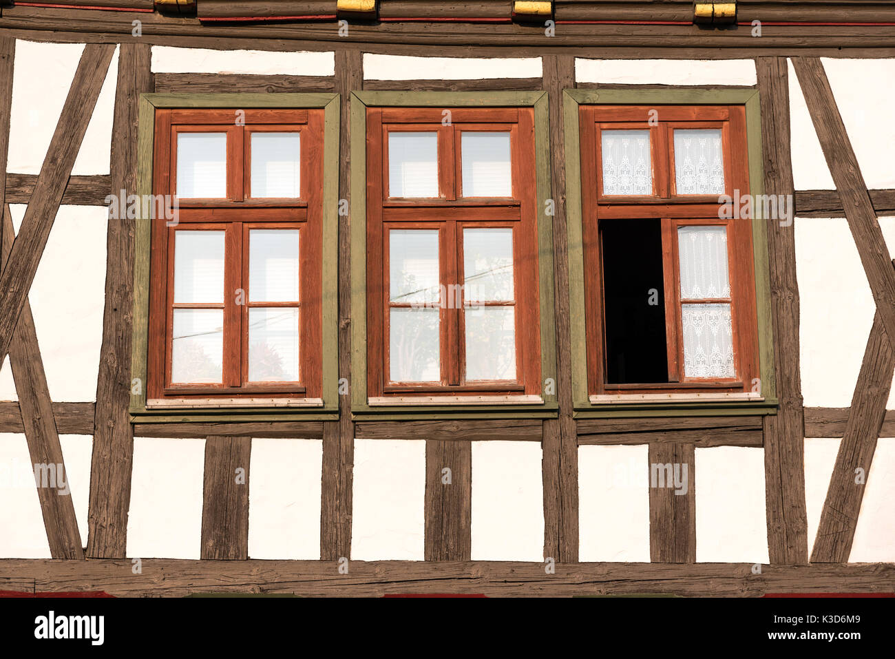 Windows of a traditional half timbered house seen in Germany Stock ...