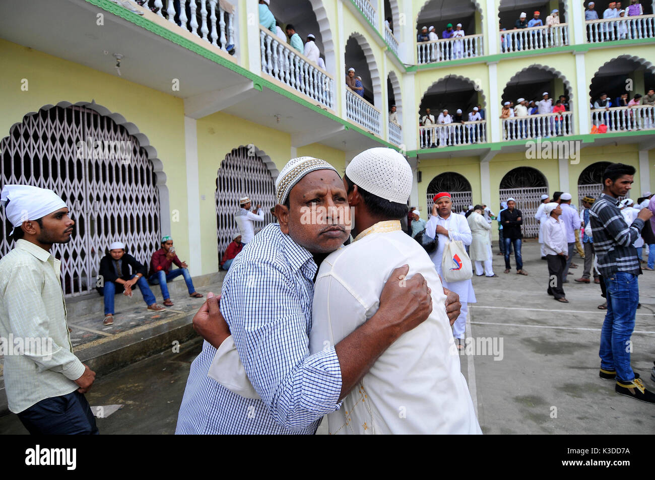 Kathmandu, Nepal. 02nd Sep, 2017. Nepalese Muslims hug each other after ...