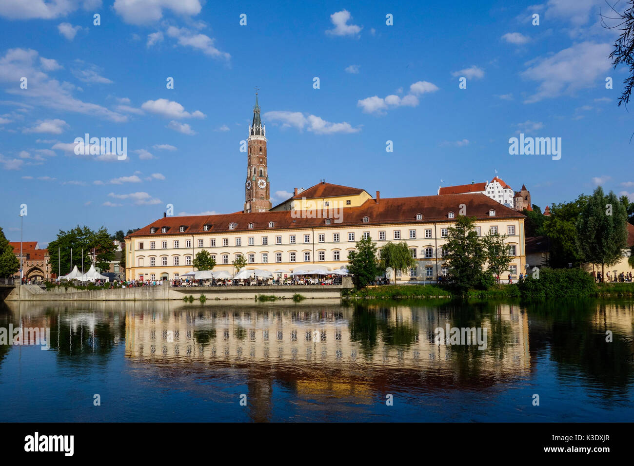 View at Landshut at the Isar river, Martins cathedral and castle ...