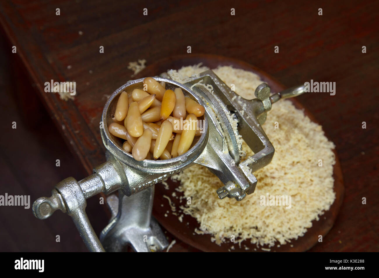 Chile, Araucania, Curarrehue, Mapuche, cooking, grinding of Pinones ...