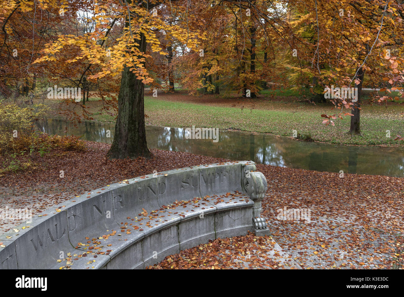 Stone bench in the English garden, Munich, Lehel, Upper Bavaria ...