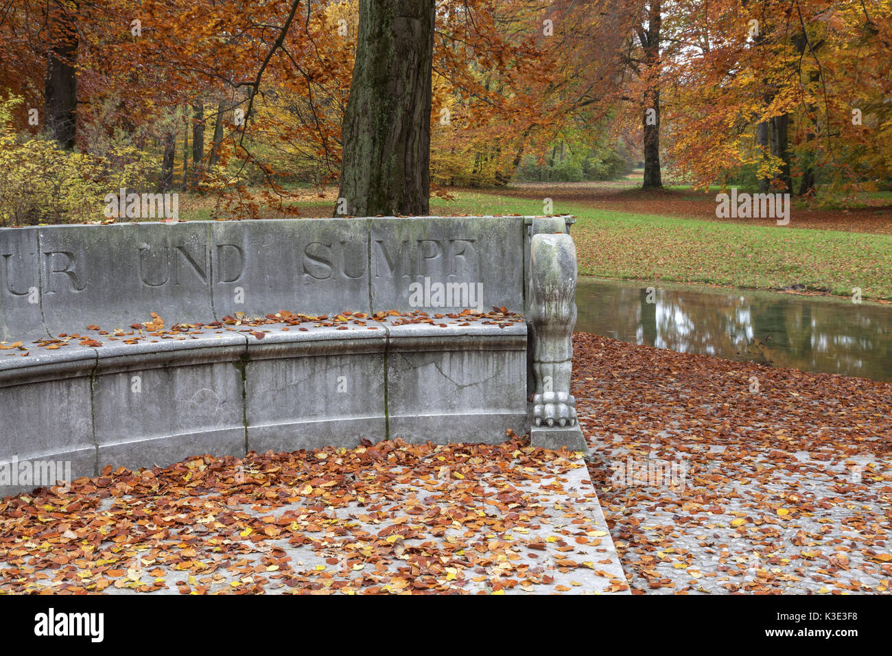 Stone bench in the English garden, Munich, Lehel, Upper Bavaria ...