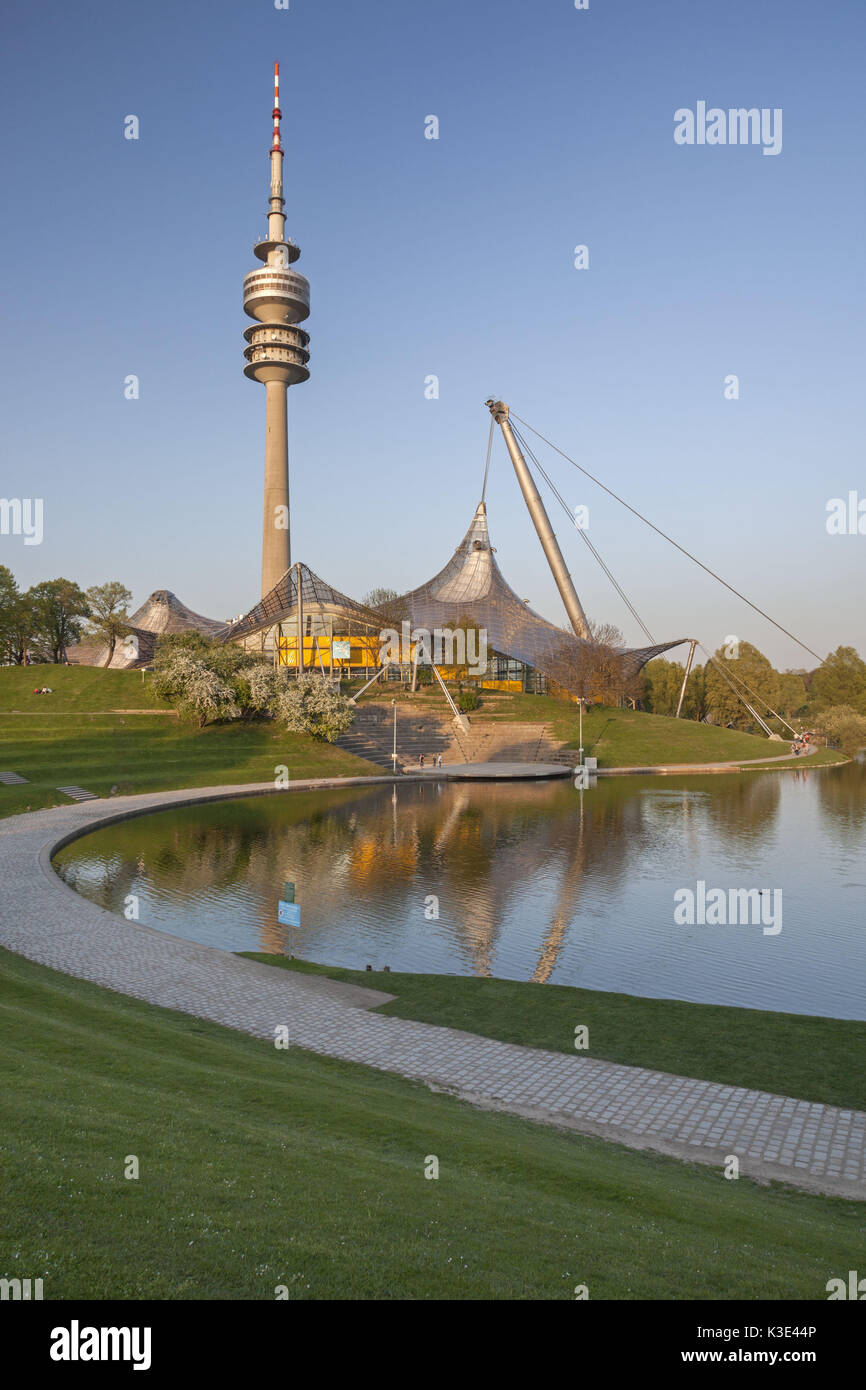 Olympic tower with Olympic lake in Olympic Park, Munich, Upper Bavaria ...