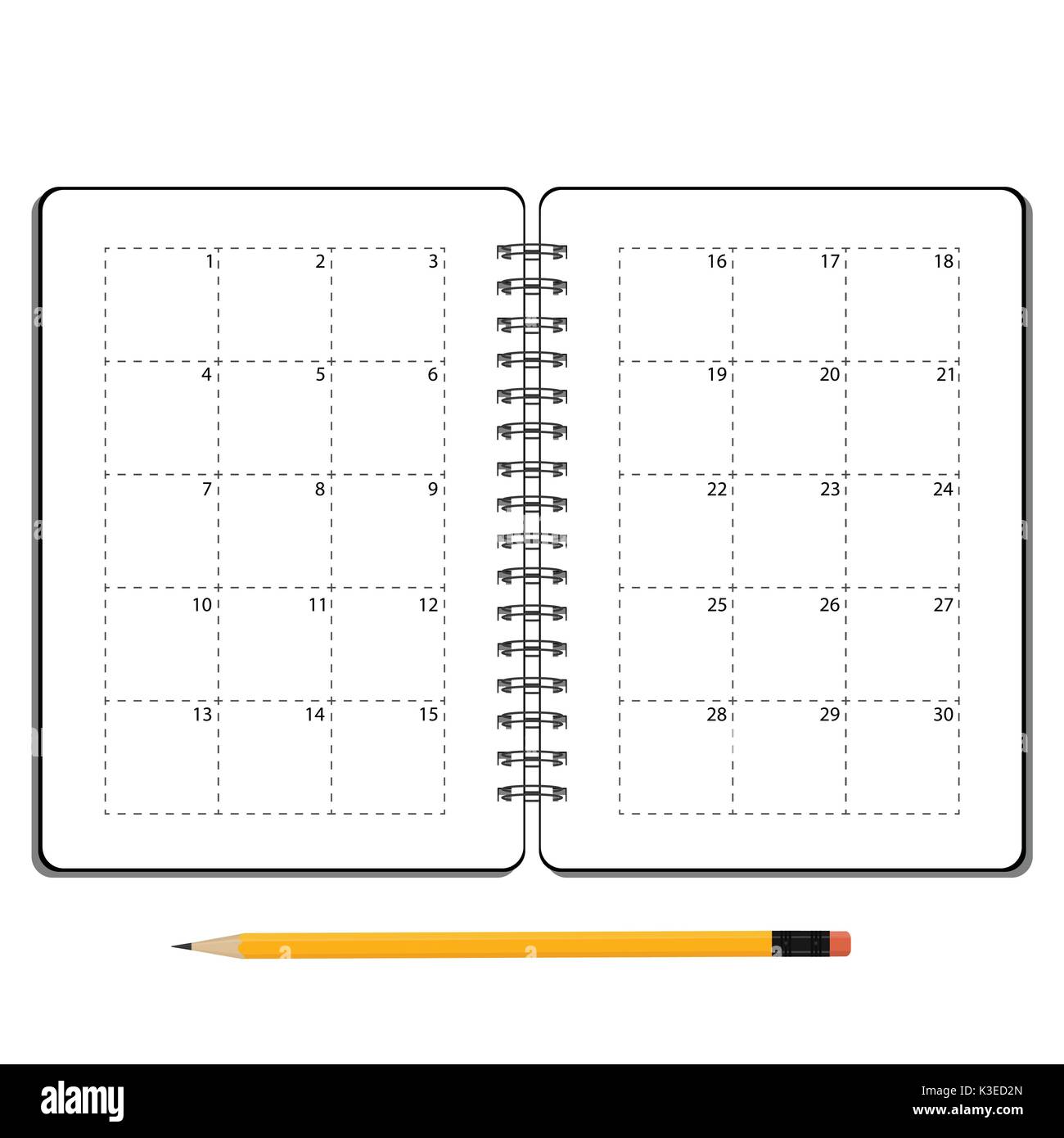Vector illustration open diary, planner or notebook and pencil with ...