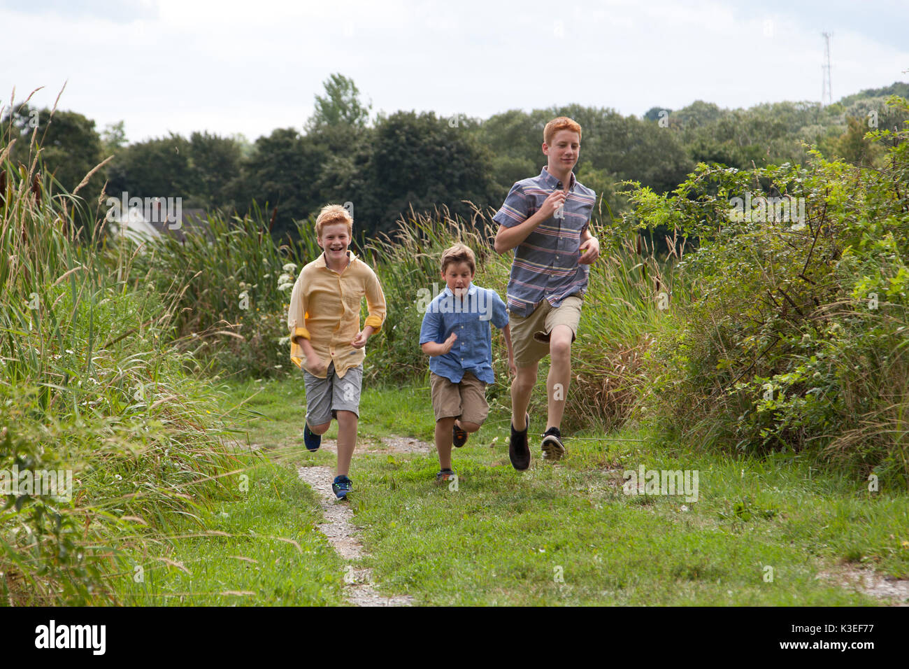 Three boy brothers running playfully in the countryside Stock Photo - Alamy