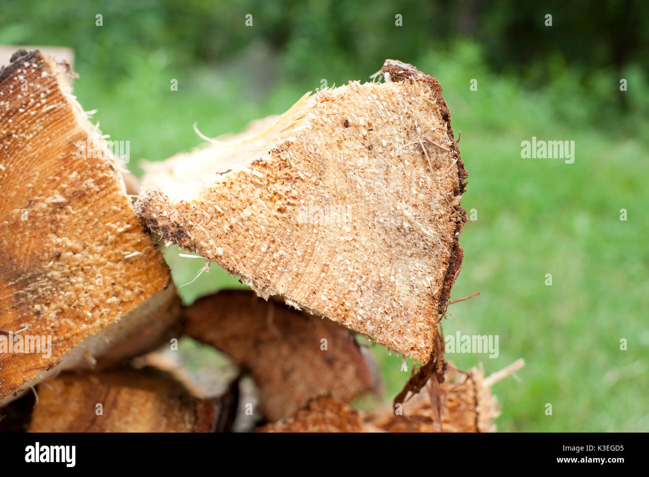 a triangle shaped piece of wood or log is stacked against other logs ...