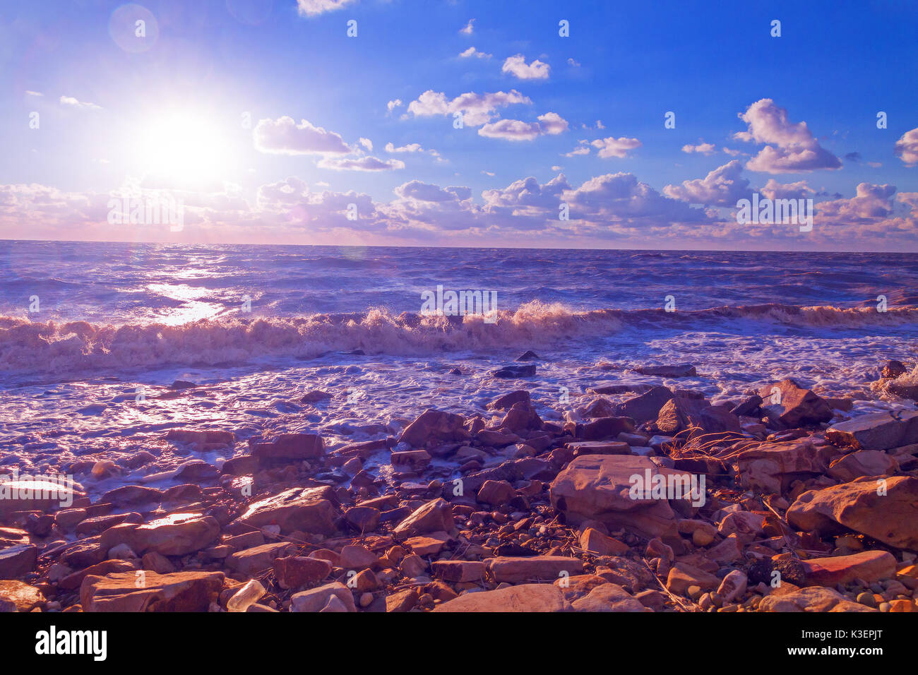 Summer day nature scene: storm on the Sea of Azov with waves, surf ...