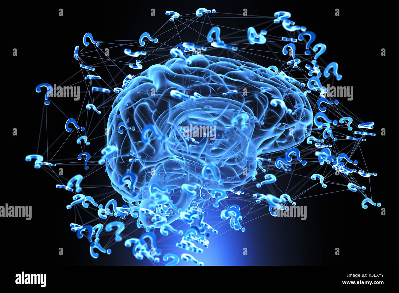 Question marks flying around the brain Stock Photo - Alamy