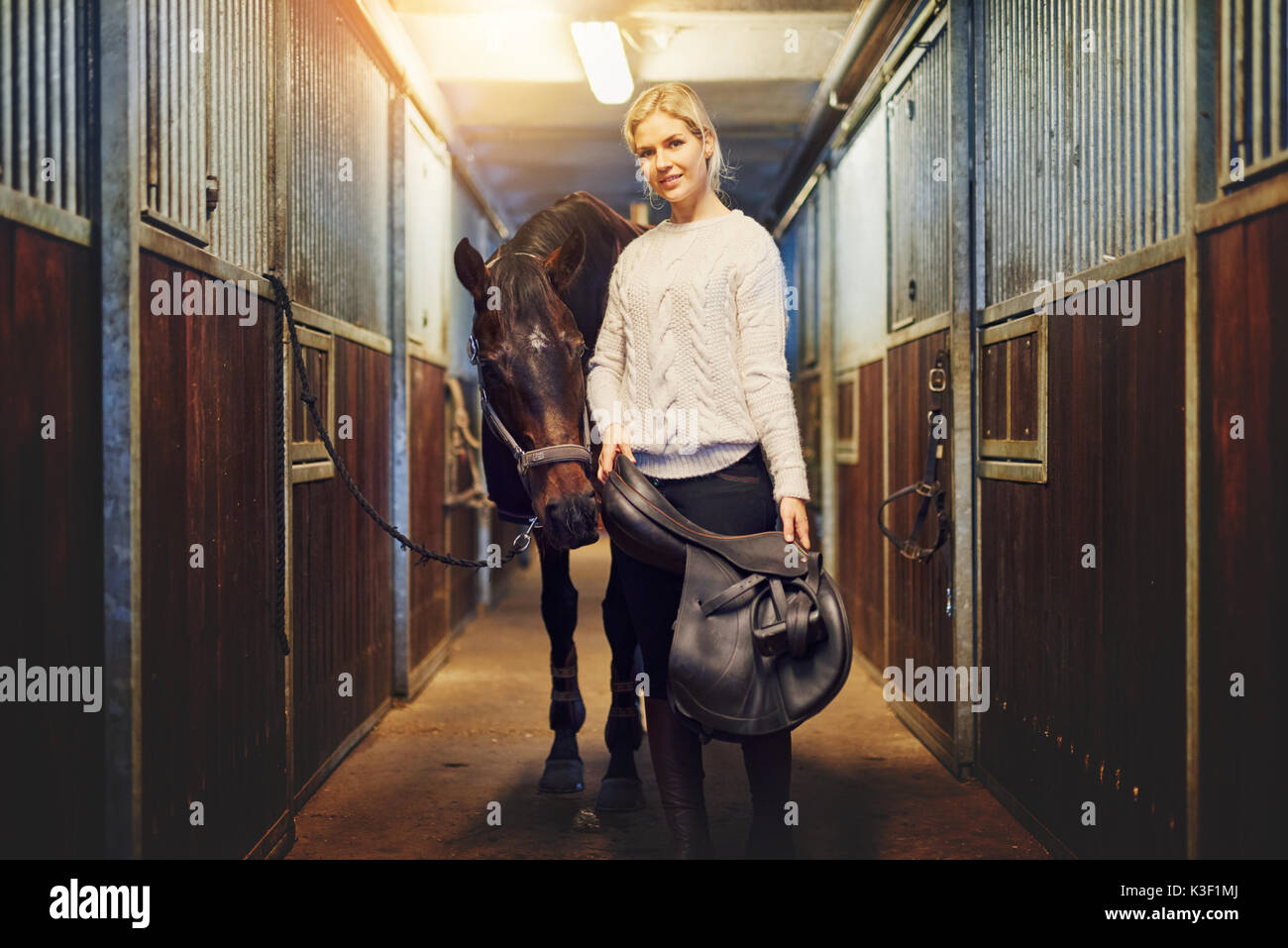 Smiling young woman standing inside a stable holding a saddle while ...
