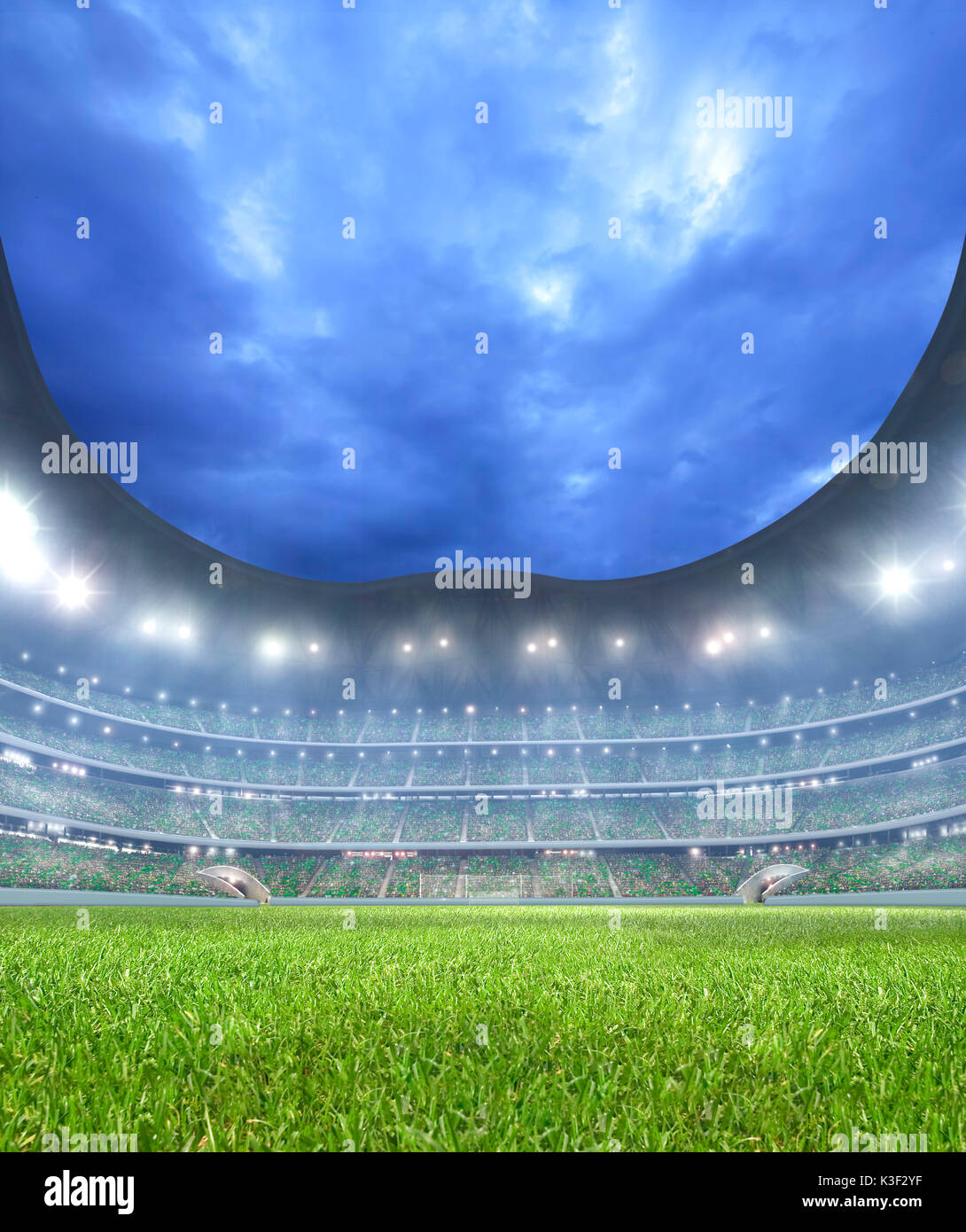Football stadium, turf, illuminated, grand stand, sky, evening Stock ...