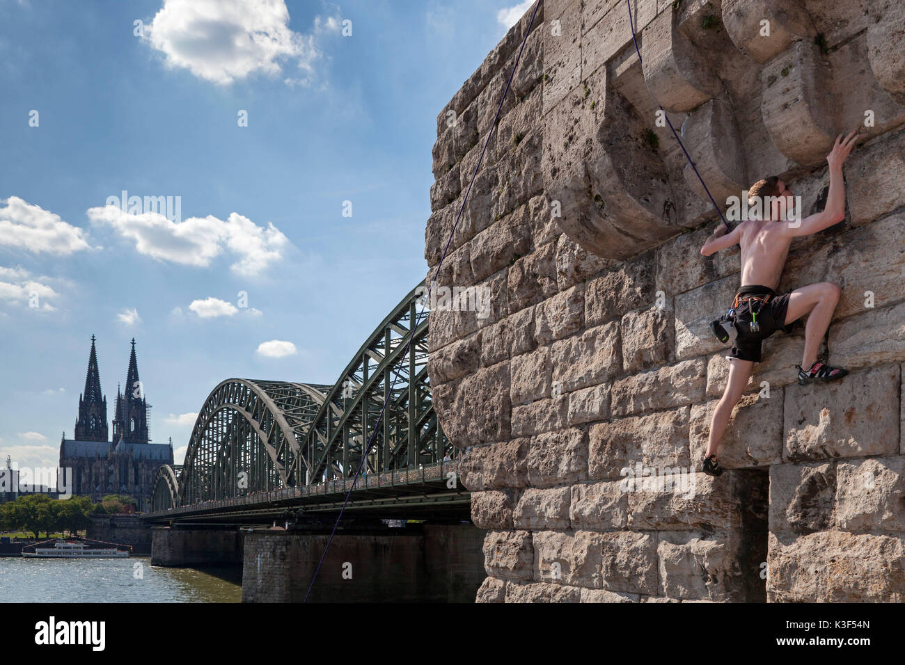 Toprope climbing at the wall of the Hohenzollern Bridge, Cologne, North ...