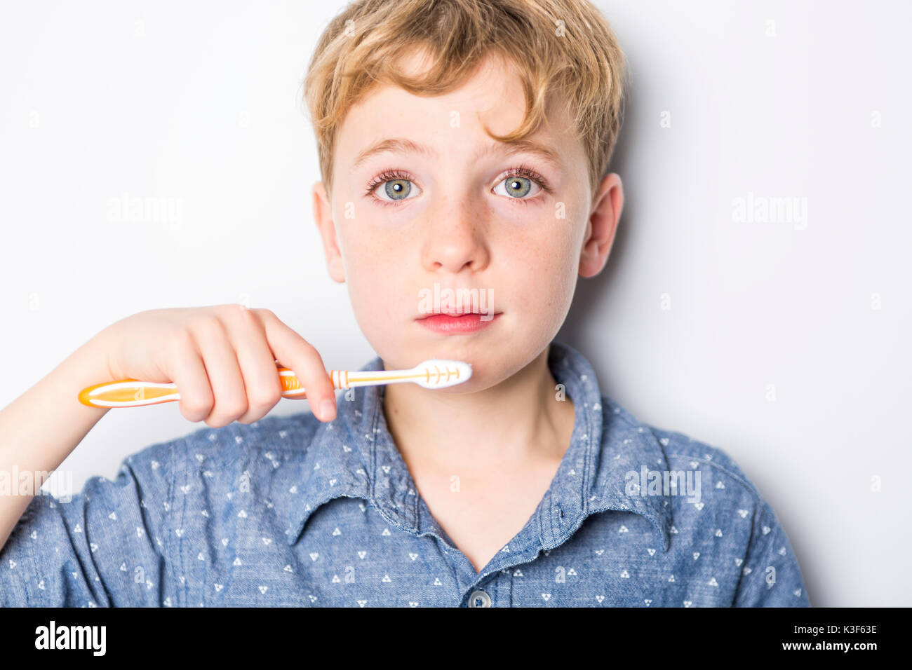Cute little boy brushing teeth, isolated on white Stock Photo - Alamy