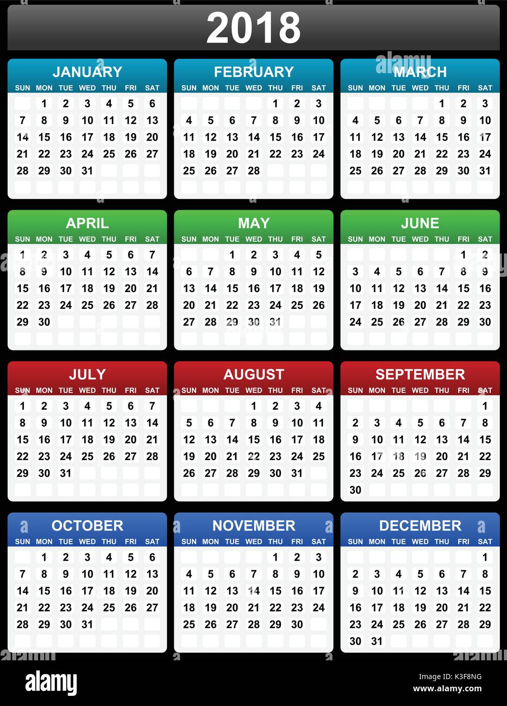 Simple editable 2018 year vector calendar in eps 10. Sundays first ...