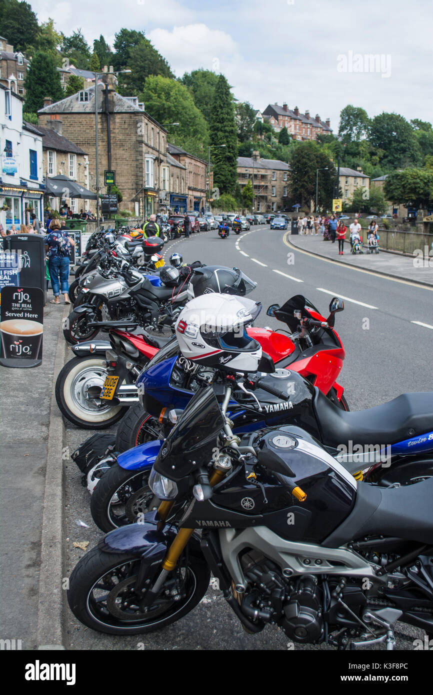 Motorcycles parked on North Parade in Matlock Bath in Derbyshire UK ...