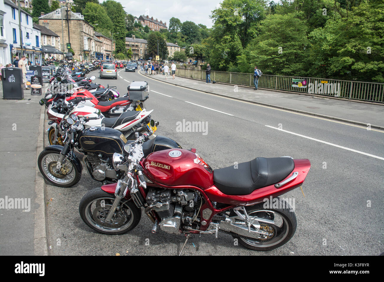 Motorcycles parked on North Parade in Matlock Bath in Derbyshire UK ...
