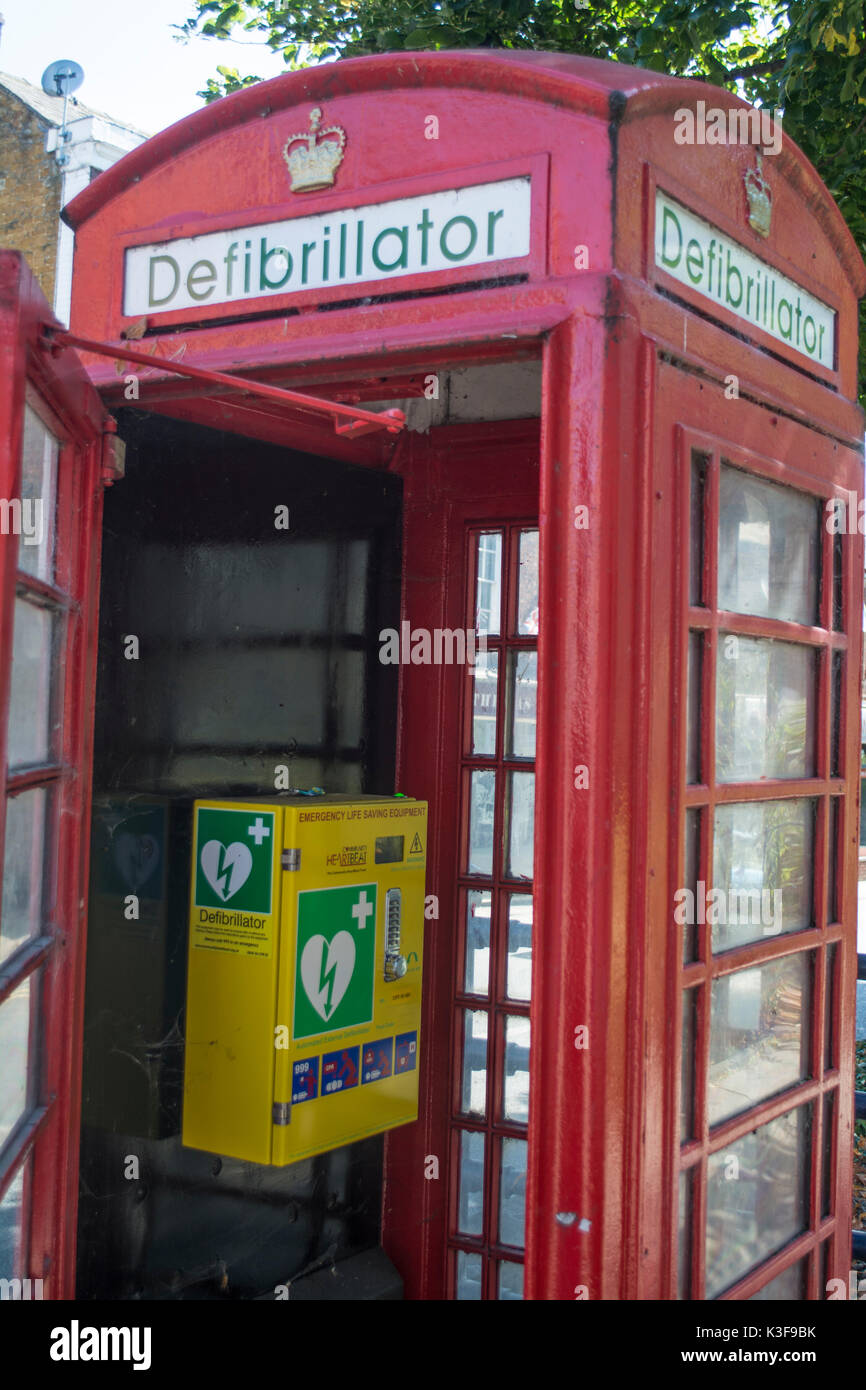 Traditional red telephone box now housing a Defibrillator in Melton ...