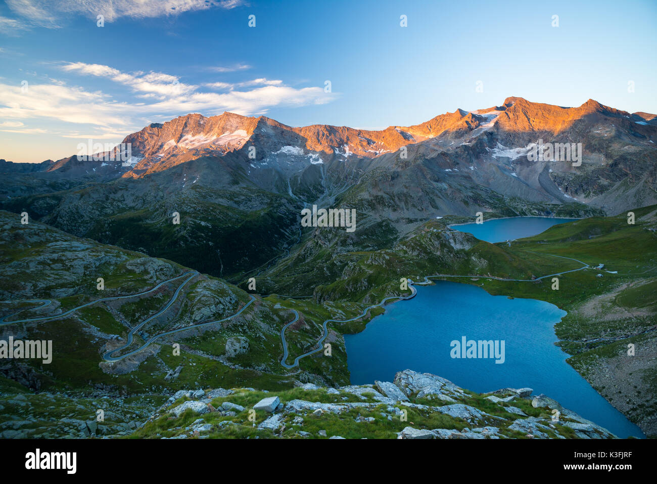 High altitude alpine lake, dams and water basins in idyllic land with ...