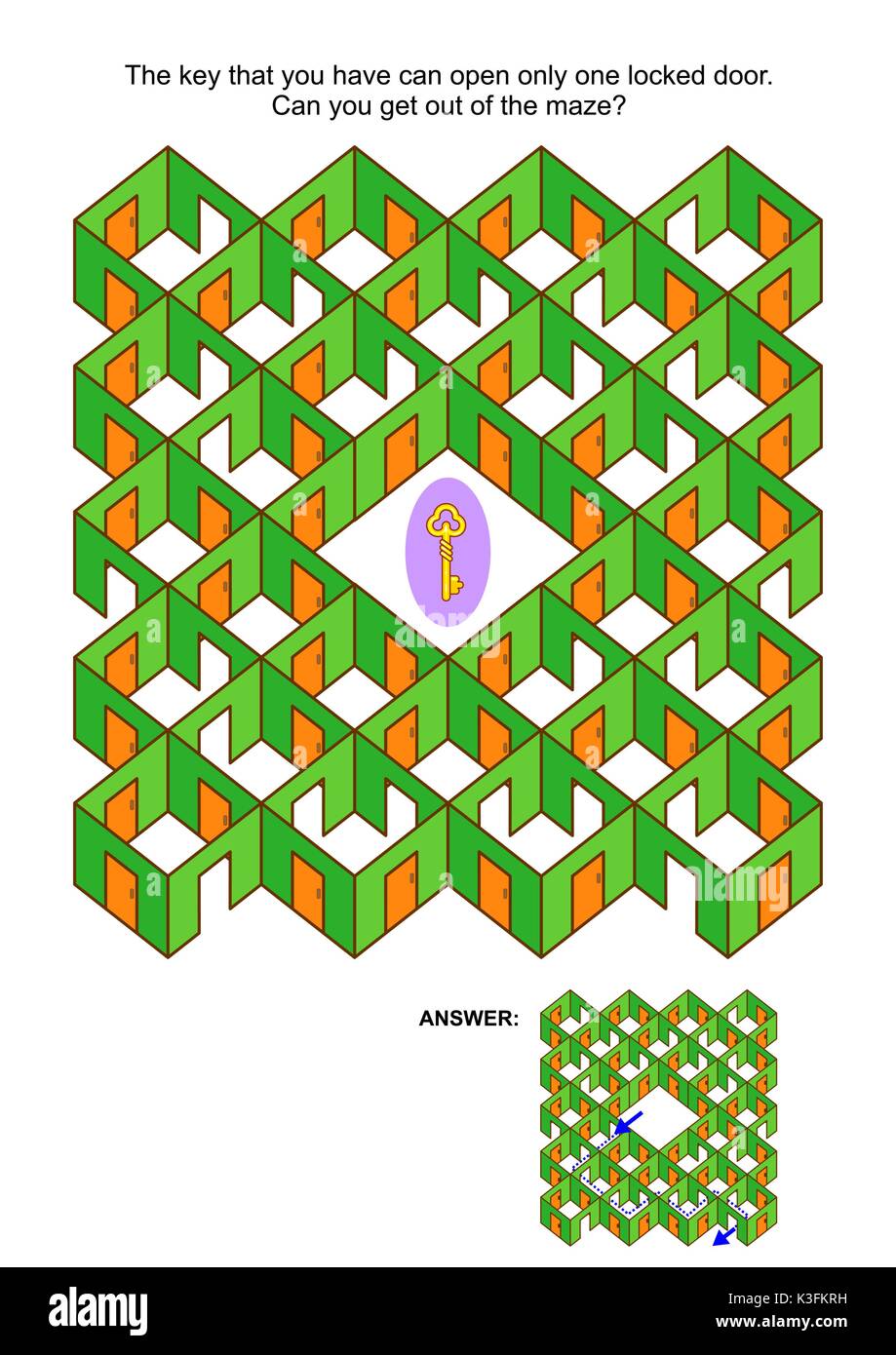 Maze game with magic key, rooms and doors: The key that you have can open only one locked door ...
