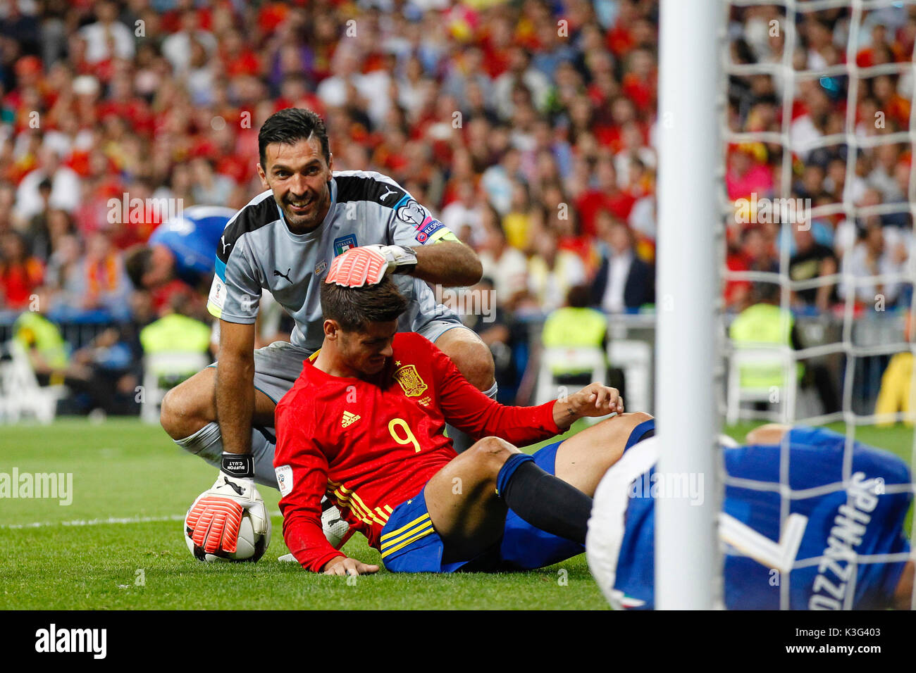 Gianluigi Buffon (1) Italian player. Alvaro Morata (9) Spanish player ...