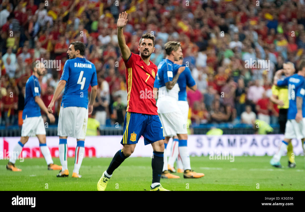Madrid, Spain. 2nd September, 2017. David Villa (Forward, Spain) greats ...