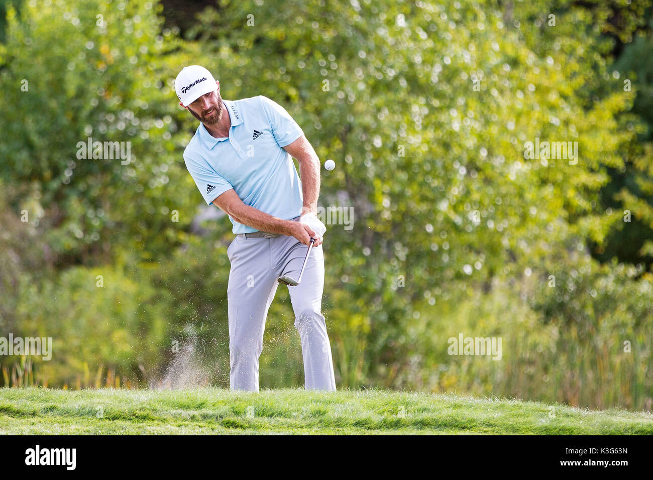 TPC Boston. 2nd Sep, 2017. MA, USA; Dustin Johnson chips from the sand ...