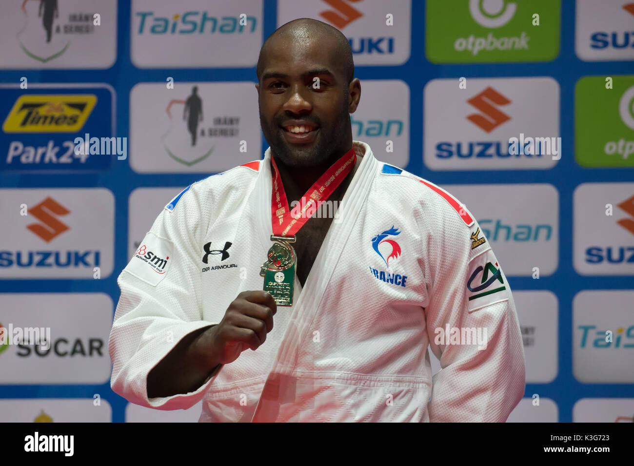 Budapest. 2nd Sep, 2017. Gold medalist Teddy Riner of France reacts ...